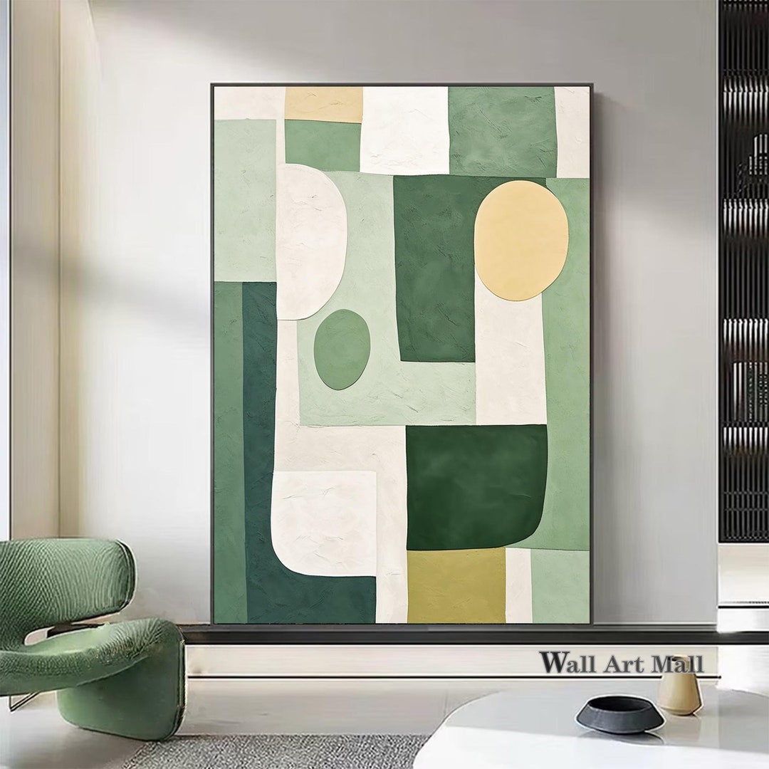 Abstract Green and White Geometric Painting Large Green Minimalist ...