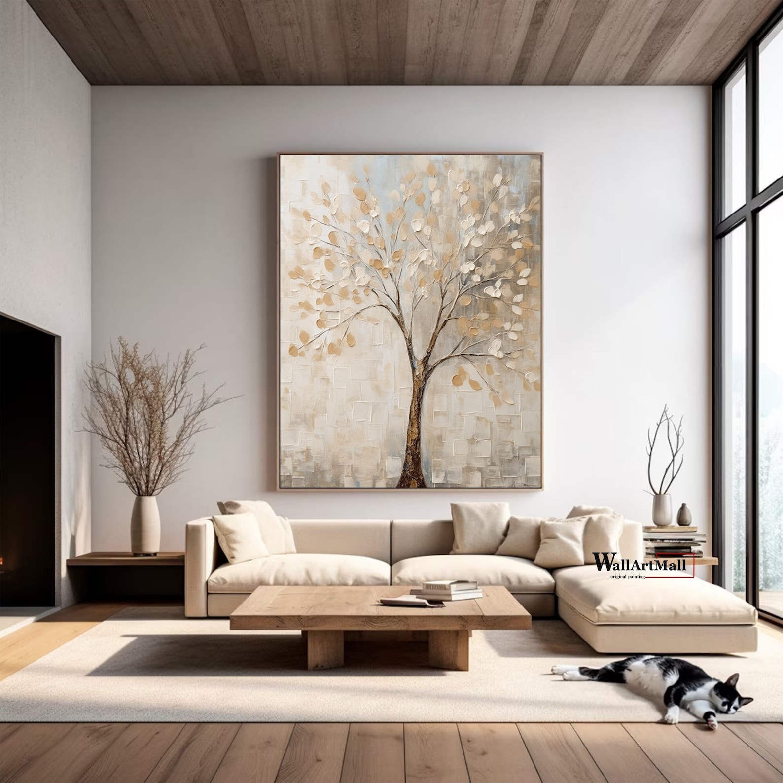 Beige Textured Abstract Painting Tree Landscape Painting Light Brown ...