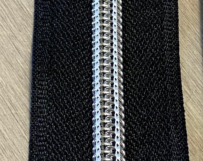 Size 5 Zipper Tape by the Yard, Black Zipper Tape, Silver Zipper Teeth ...