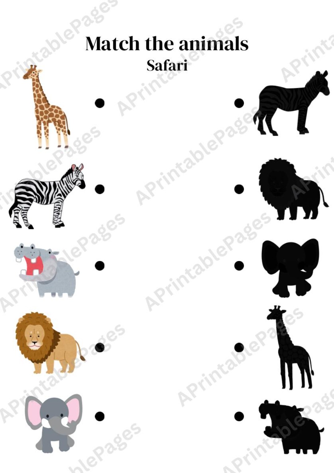 Safari Animal Matching Game Printable | Preschool Learning Worksheet ...