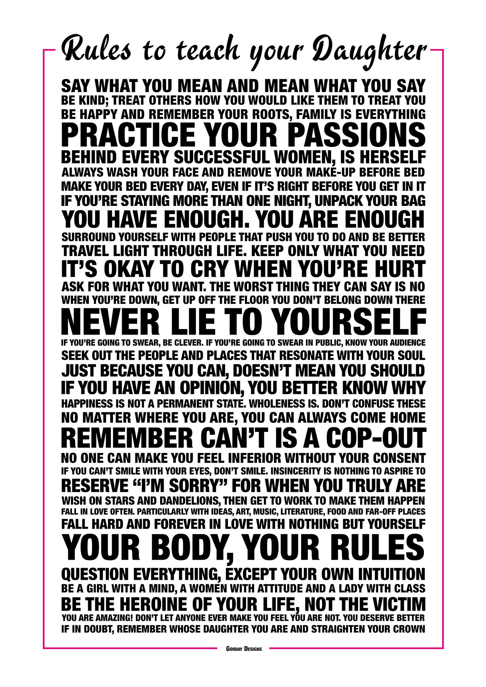 Rules to Teach Your Daughter: Design Quote Frame Print - Etsy UK