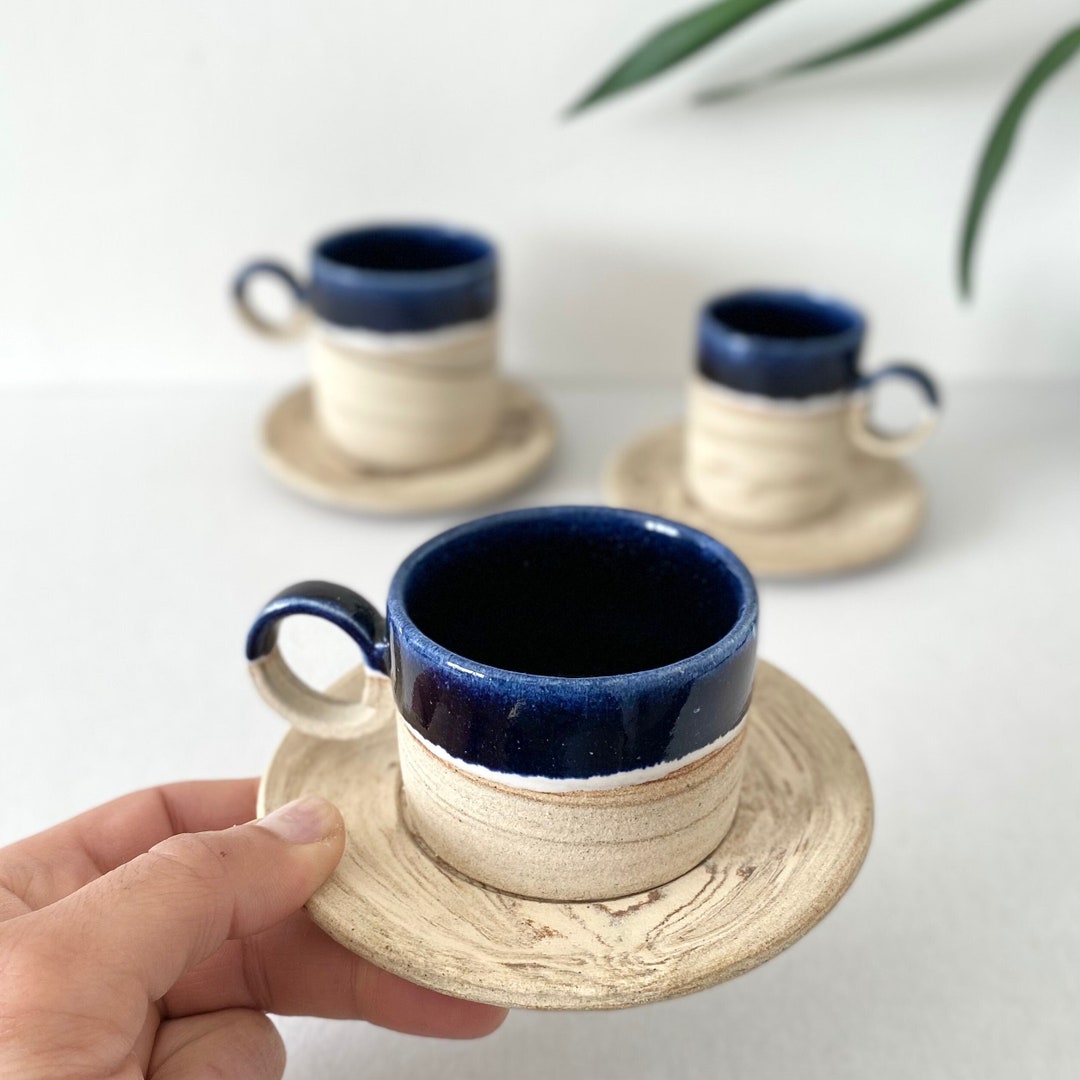 Handmade Stoneware Espresso Cup With Saucer, Midnight Blue Mug Set, 3 ...