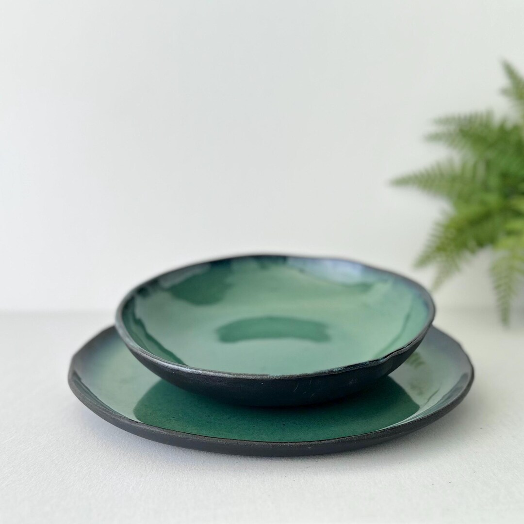 Green Ceramic Dinner Plates, Organic Edge Dinner Plates, Side Serving ...