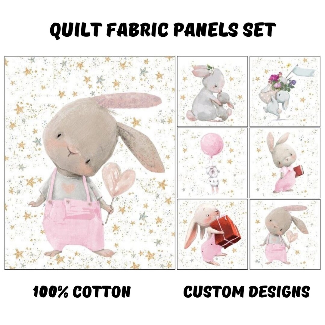 Cute Bunny Fabric Panels for Baby Girl Quilts, Pink Hare Baby Blanket ...