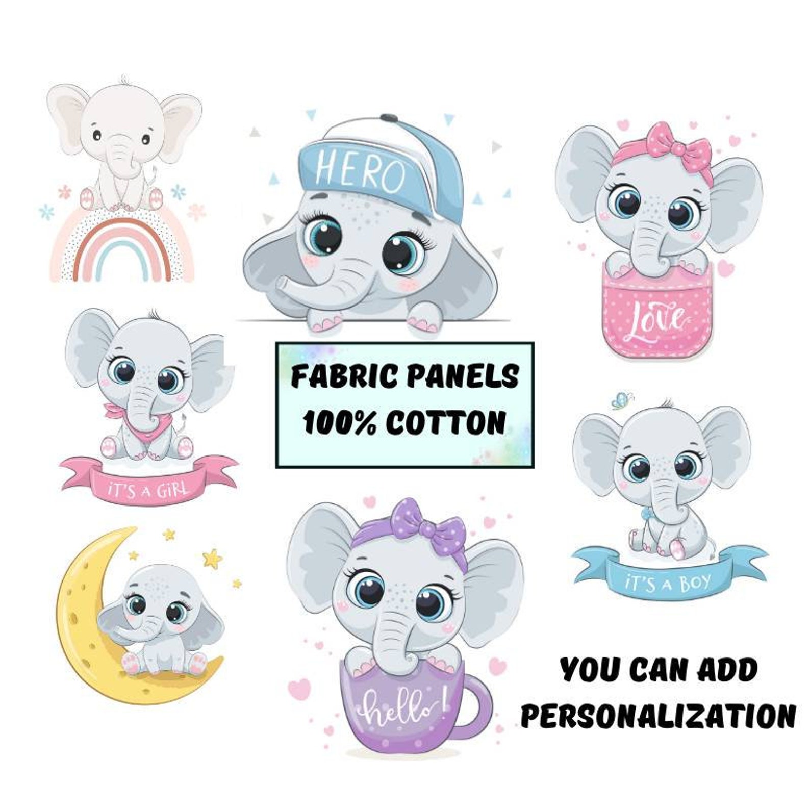 Baby elephant fabric panel for quilts Cute animal fabric | Etsy