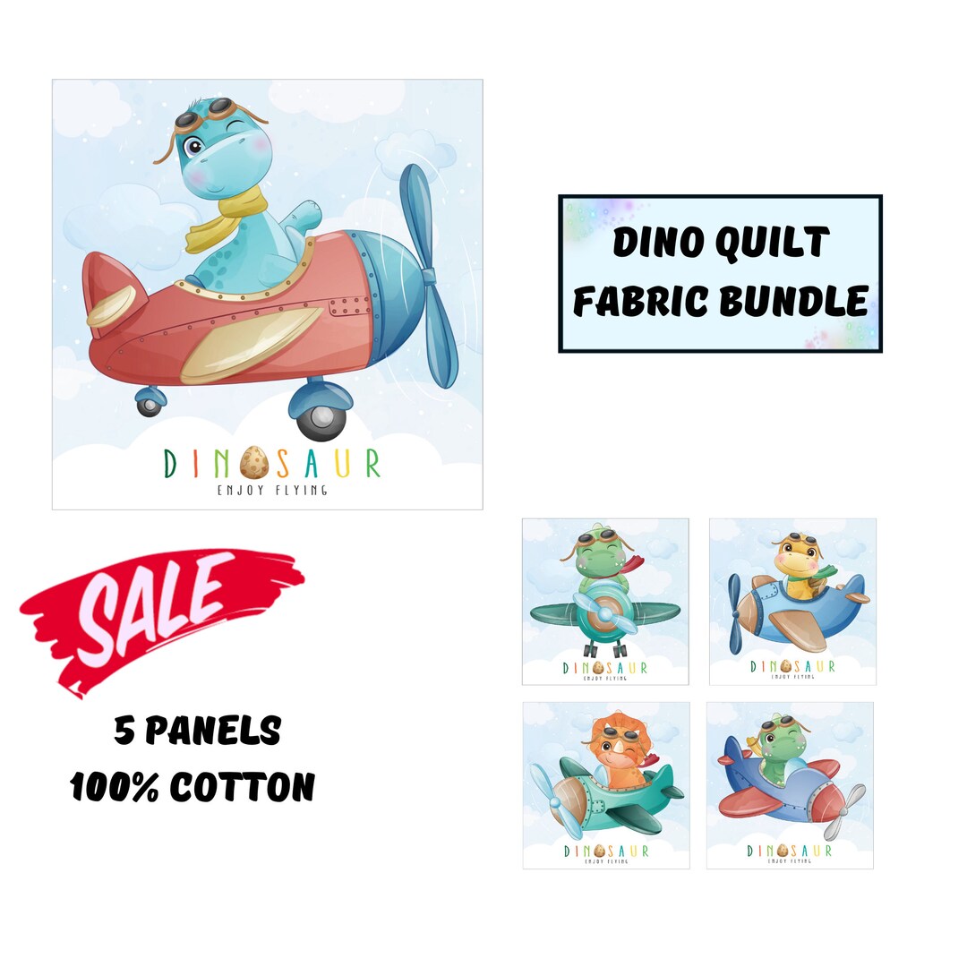 Flying Dinosaur Fabric Panels for Quilting, Cute Dino Cotton Fabric ...