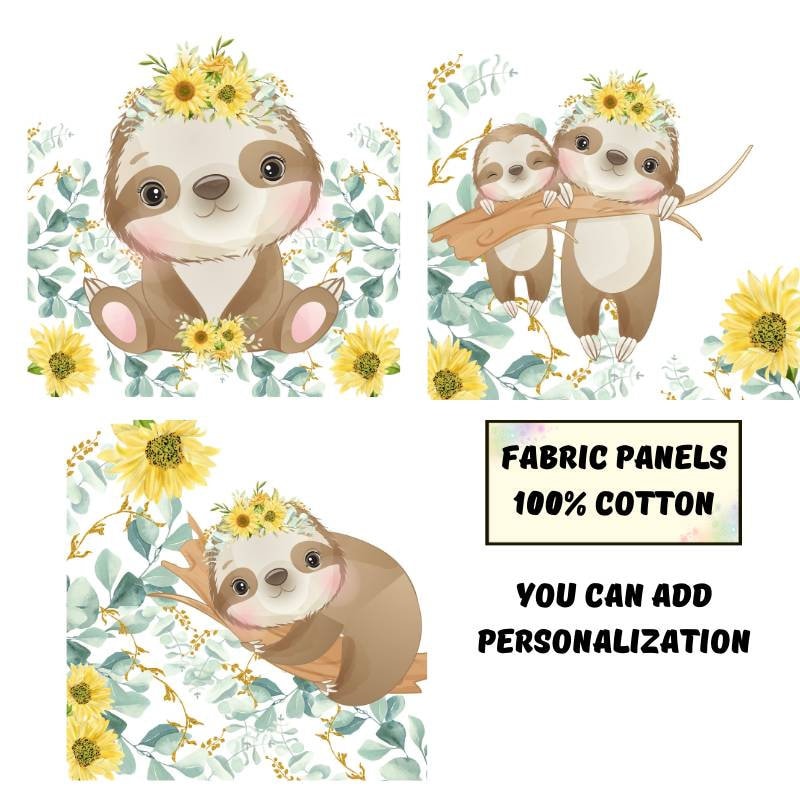 Baby Sloth Fabric Panel for Quilt Sloth With Sunflower Pillow - Etsy