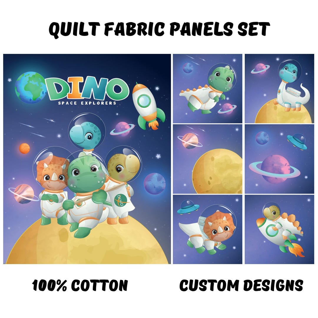 Space Dinosaur Fabric Panels for Quilting, Dino on Moon Baby Quilt Fabric Panels Cotton ...