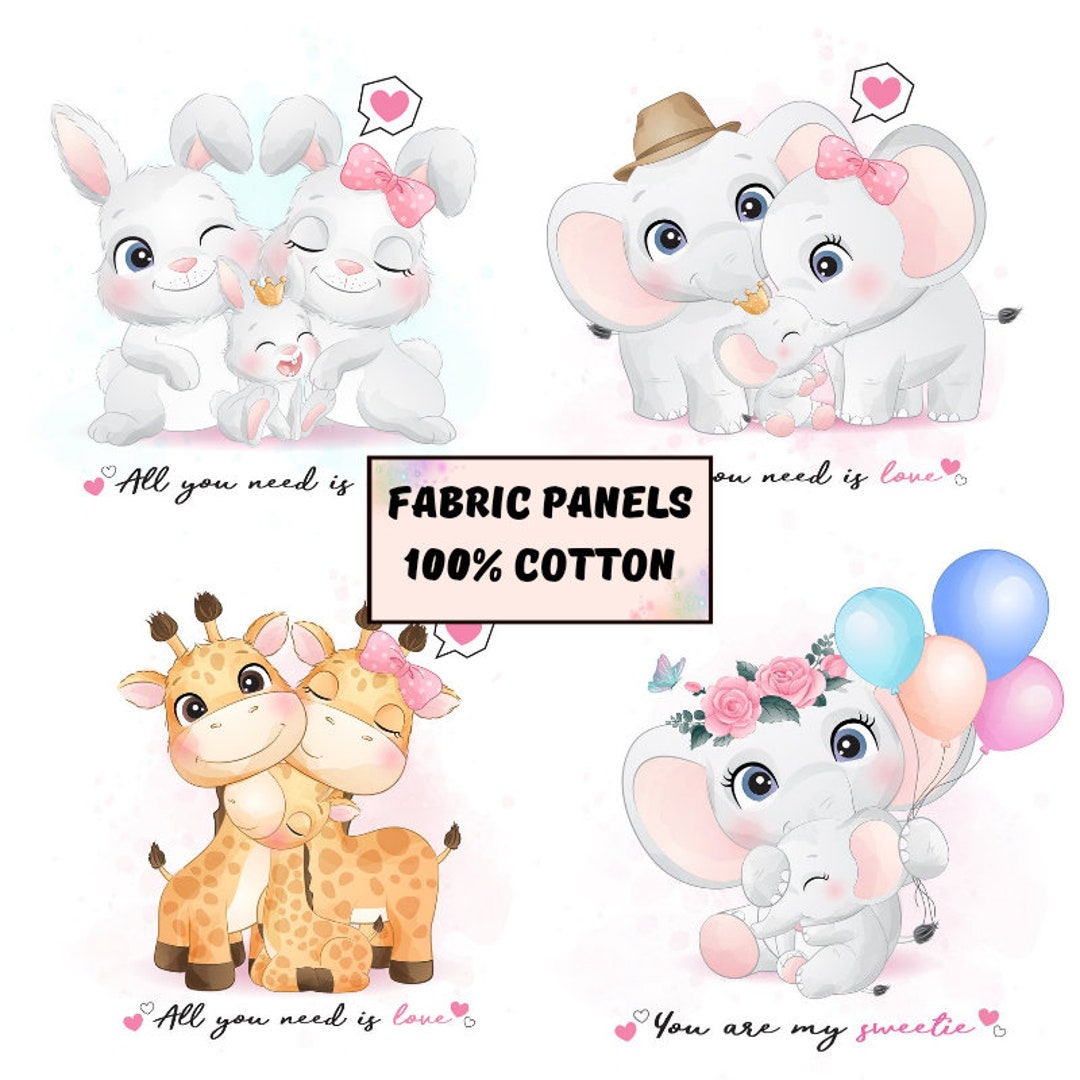 Elephant, Giraffe, Hare Family Animal Fabric Panel for Quilting, Baby ...