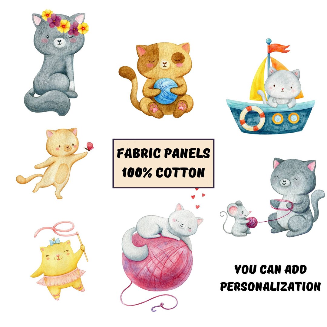 Colorful Cat Fabric Panels for Quilting, Cute Cat Fabric Cotton, Fat ...