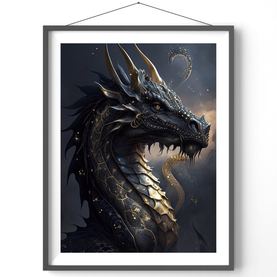 Black Dragon Poster, Matte Vertical Posters, Fantasy Wall Art, Dragon ...