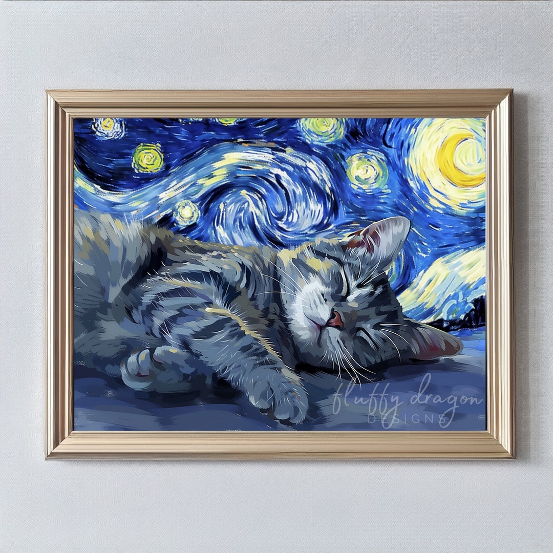 Starry Night Cat Art - Van Gogh Inspired Painting - Sleepy Kitty Wall ...