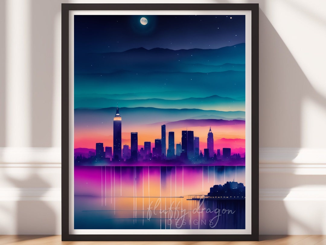 Moonlit Cityscape Digital Art, AI Skyline Reflection Print, Dreamy ...