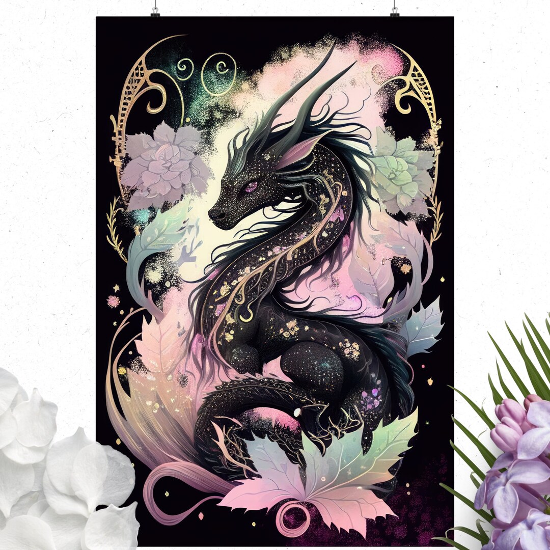 Dragon Poster | Black Whimsical Dragon Wall Art | Matte Vertical ...