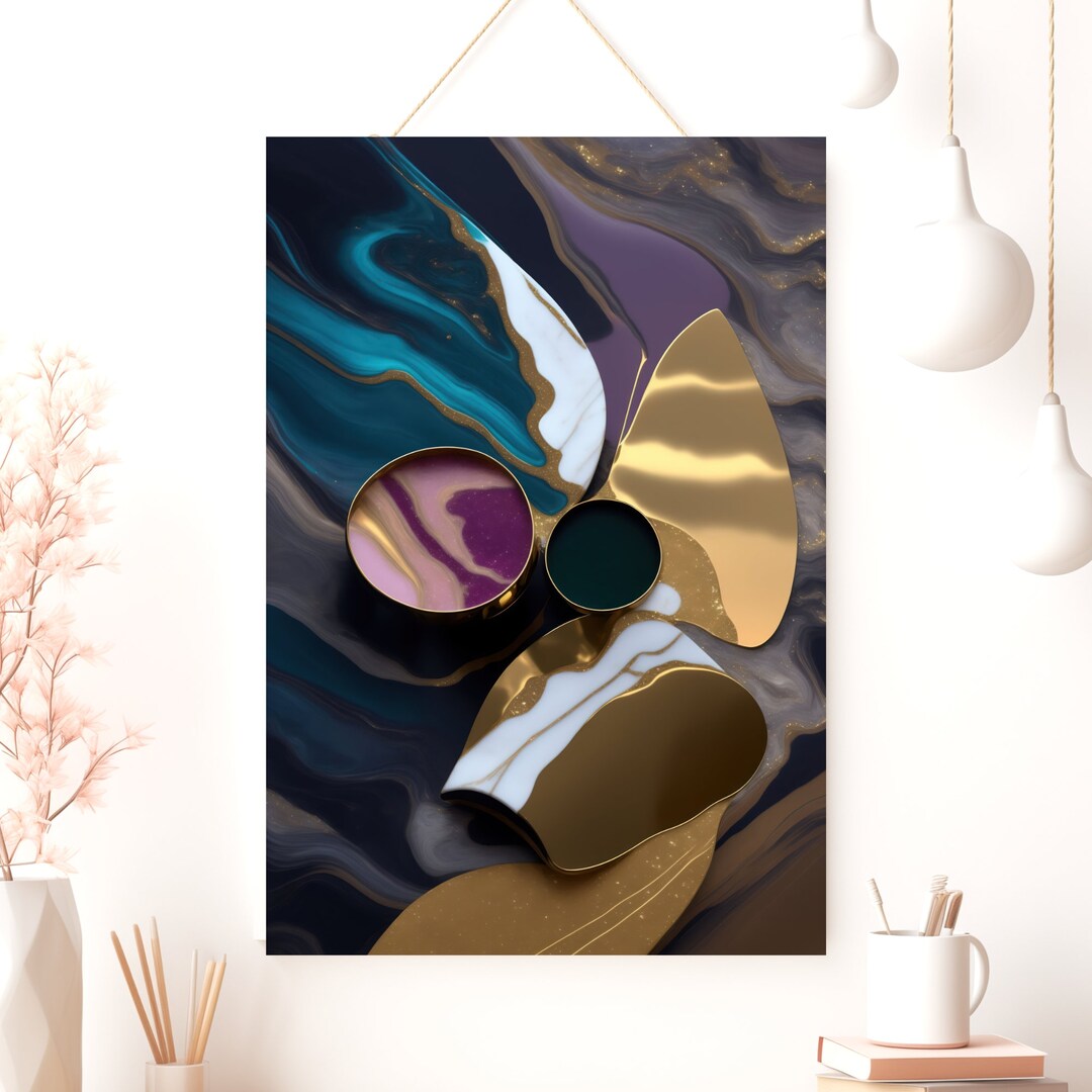 Marbled Abstract Poster, Matte Vertical Posters, Purple Gold Blue White ...