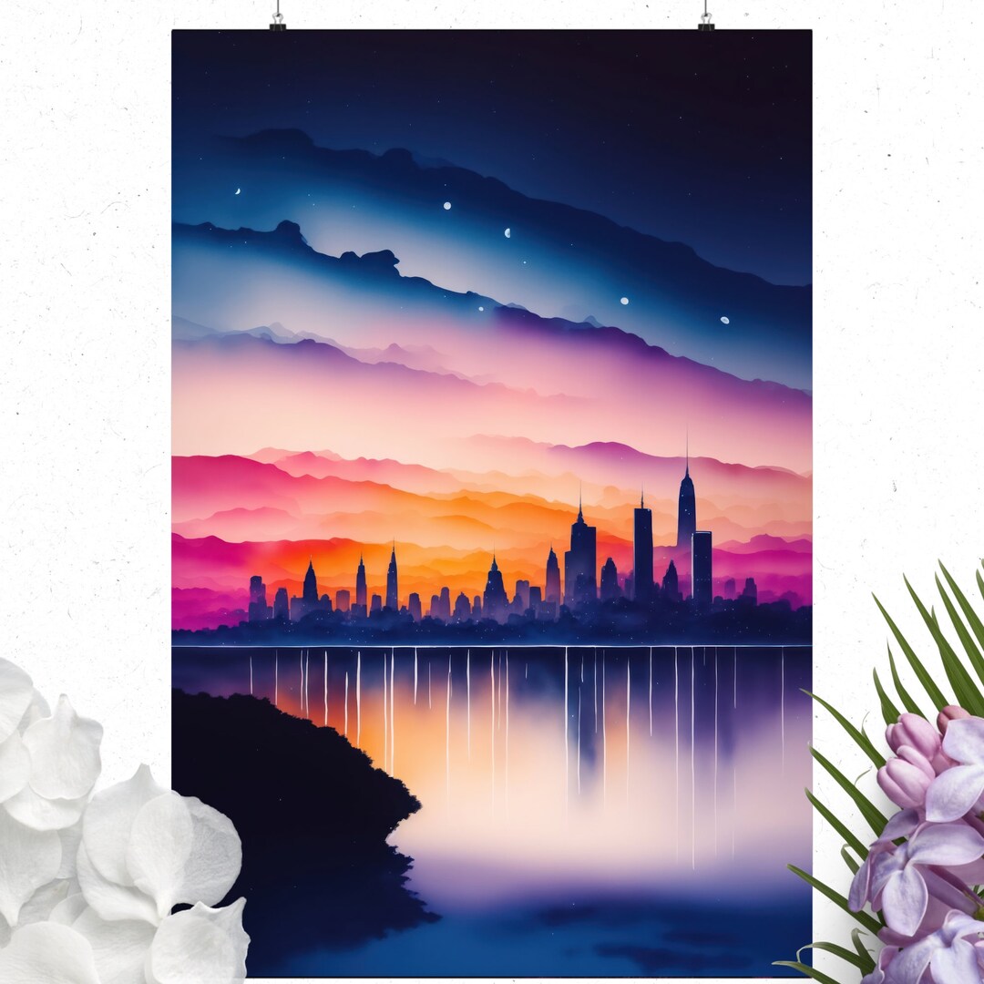 Cityscape Poster | Colorful Watercolor City Wall Art | Matte Vertical ...