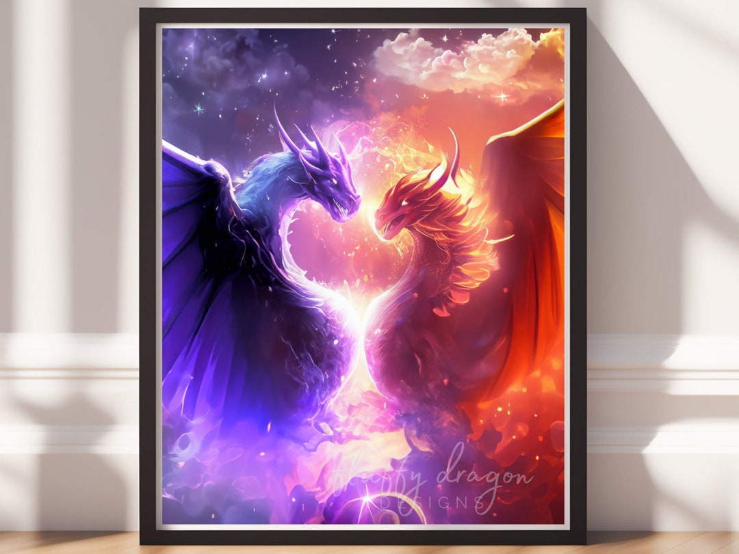 Fantasy Art Download: Dragon & Phoenix Digital Art Print – Mythical ...