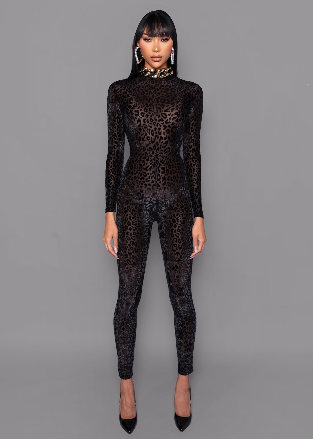 Black Sheer Leopard Print Catsuit - Etsy