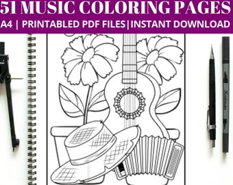 Music Coloring Pages for Adults, 5 Printable Floral Coloring Pages ...