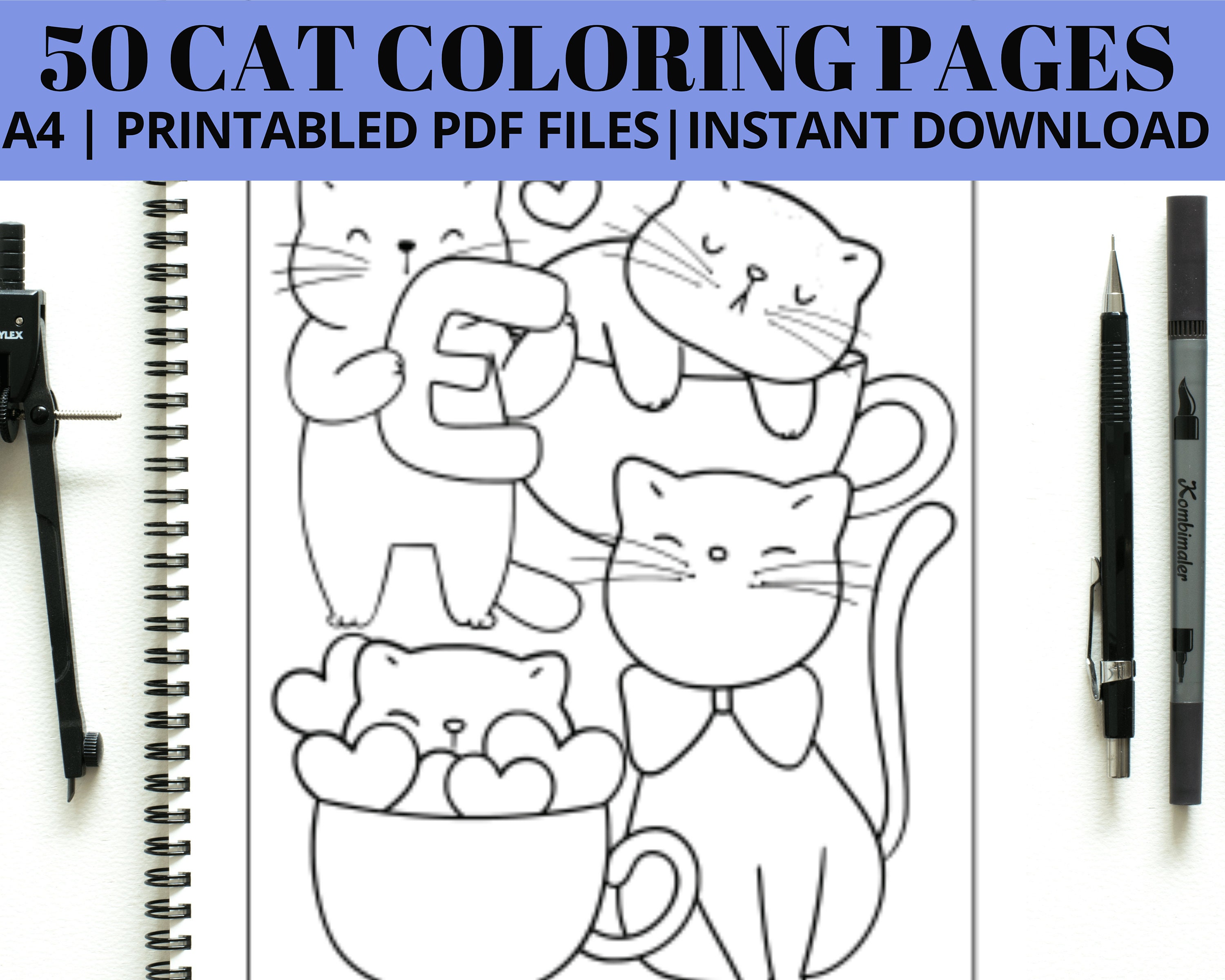 50 Cat Coloring Pages, Printable Cat Coloring Pages for Kids, Boys ...