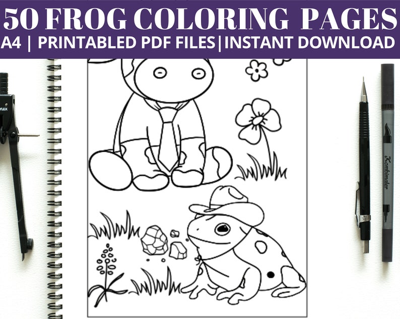 50 Frog Colouring Pages Frog Themed Colouring Book Frogs - Etsy