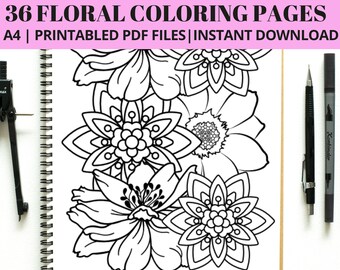 Pretty Floral Coloring Pages Bundle, Beautiful Flowers Coloring Book ...
