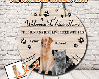Personalized Pet Round Wooden Sign, Welcome Dog Door Hanger, Custom Dog ...