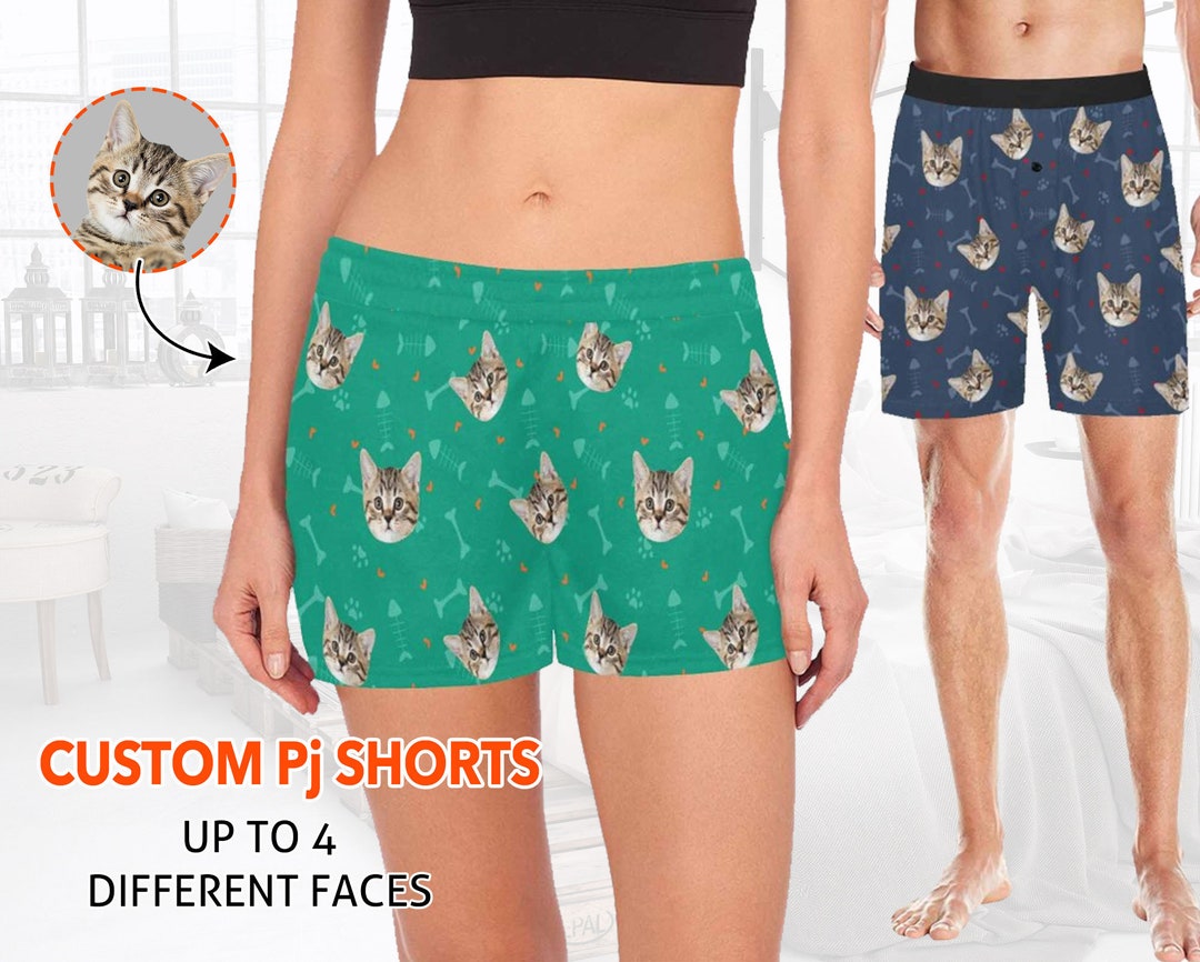 Custom Cat Face Pajama Shorts, Funny Personalized Pet Cat Lounge Shorts ...