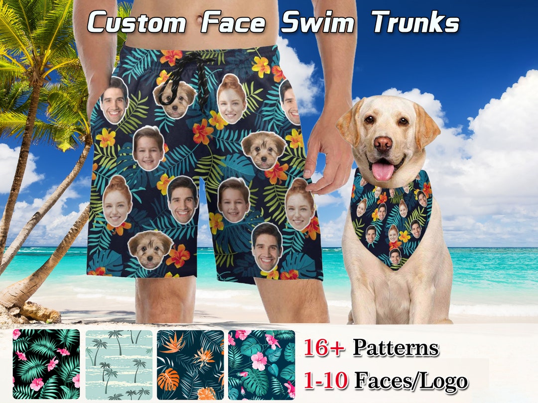 Custom Face Hawaiian Swim Trunks Dog Bandana, Custom Men Beach Shorts ...