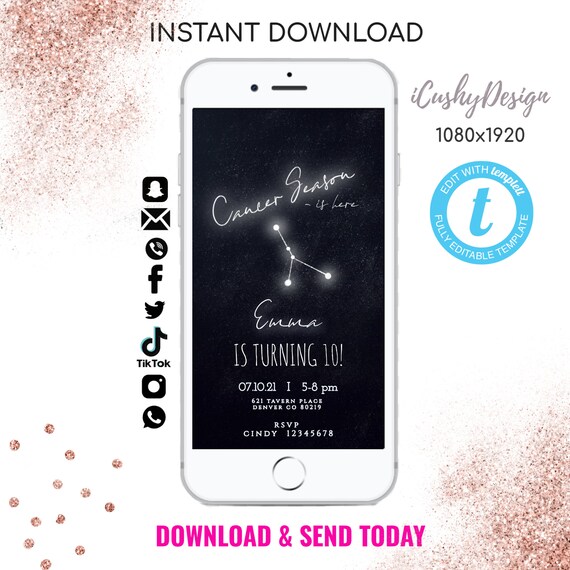 Zodiac Horoscope Cancer Stars Birthday Text Invitation - Etsy