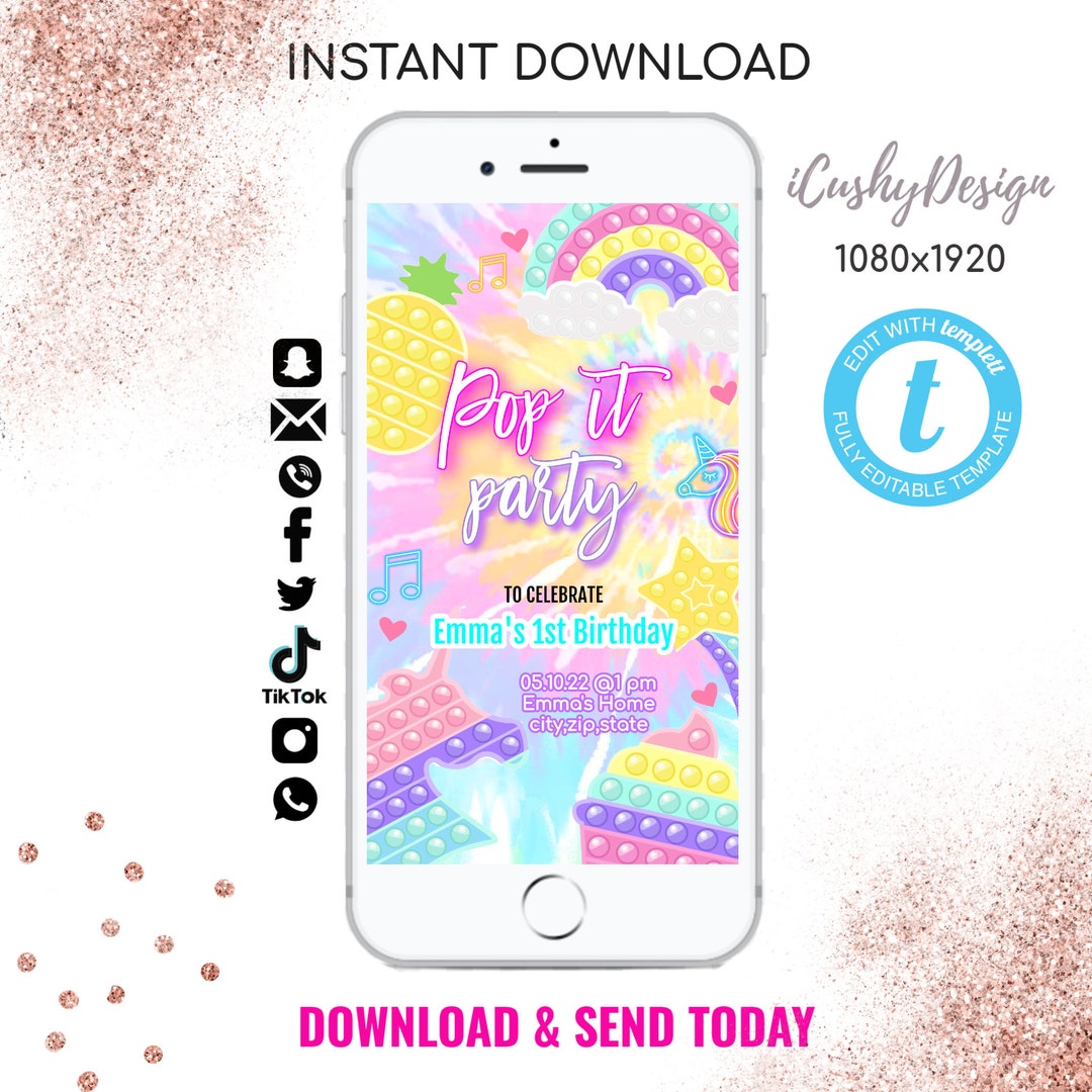 Pop It, Rainbow Birthday Text Invitation, Editable Invitation, Editable ...