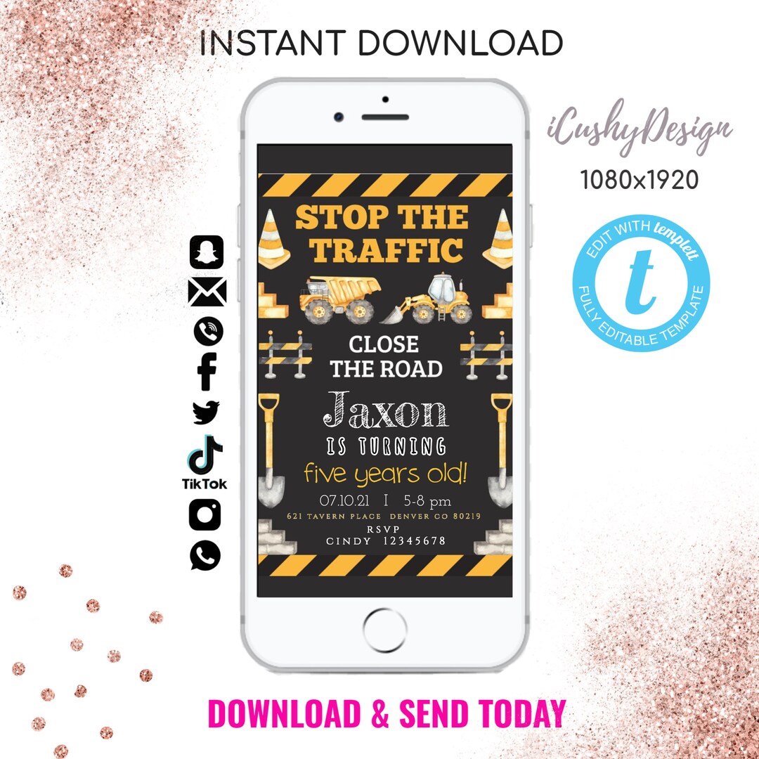 Road Builder Birthday Text Invitation, Editable Invitation, Editable ...