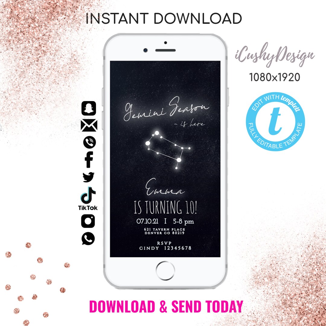 Zodiac Horoscope Gemini Stars Birthday Text Invitation, Editable ...