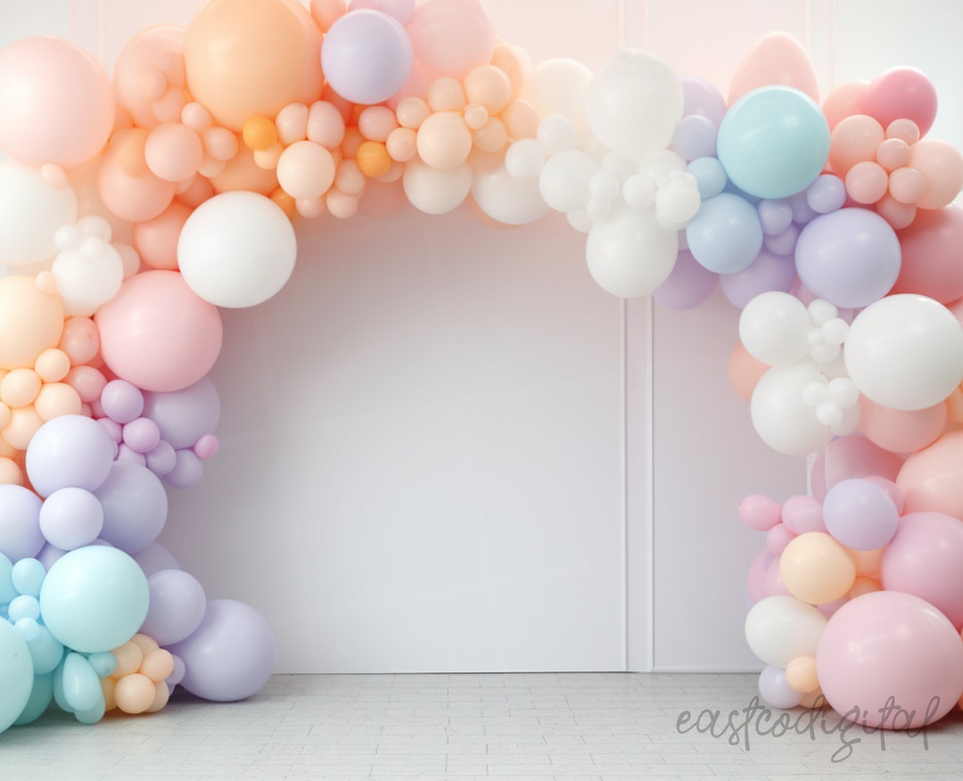 Pastel Balloon Arch Photography Backdrop, Birthday Overlay (digital ...