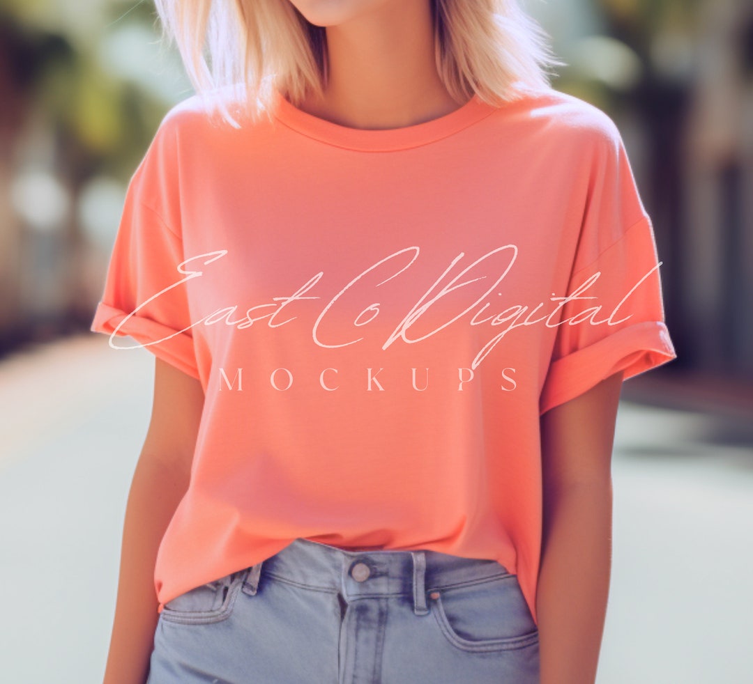 Gildan 64000 Coral Silk Mockup, Gildan 64000 Soft Style T-shirt Mockup, Coral Gildan Mockup ...