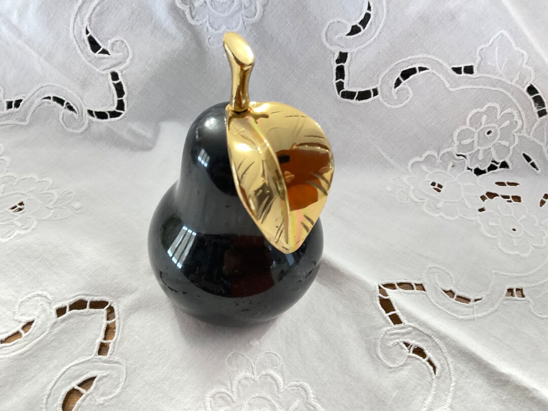 Black Marble Pear Paperweight With Brass Leaf - Etsy
