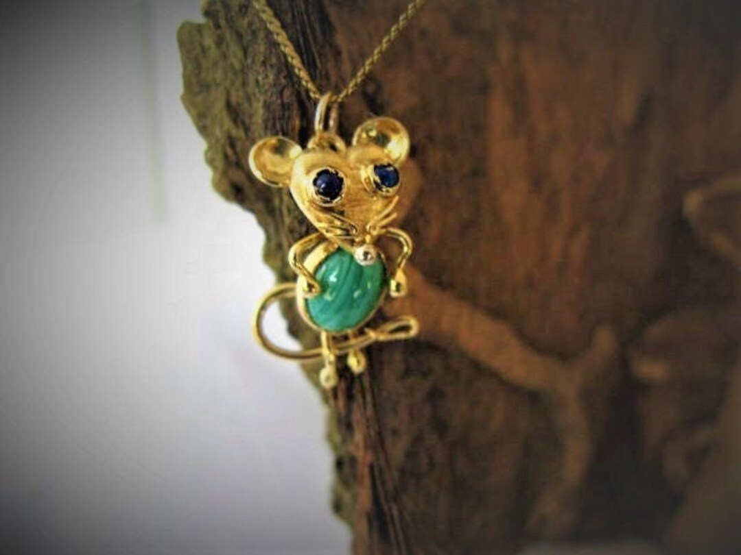 18K Whimsical, Solid Gold Mouse Pendant, and Serpentine Chain Necklace ...