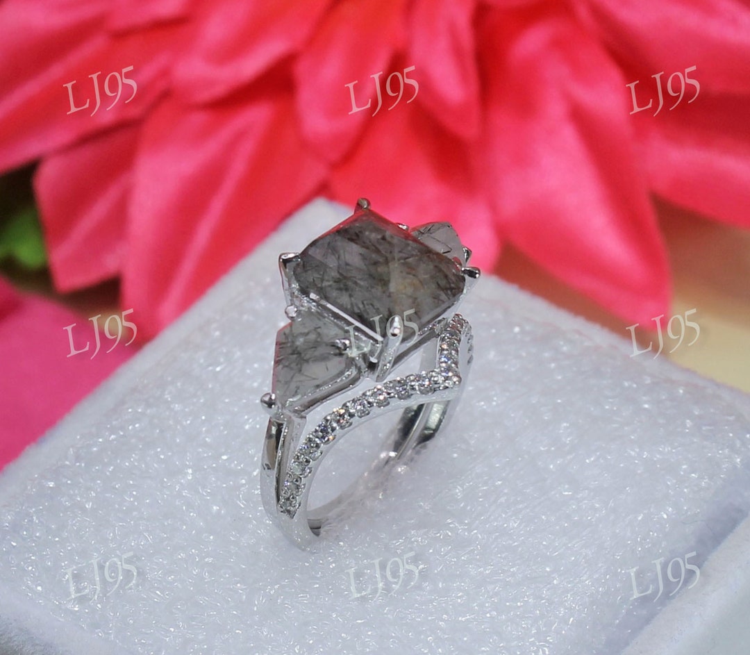 Salt and Pepper Ring Set | 2.67ct Emerald Cut Salt and Pepper Diamond ...