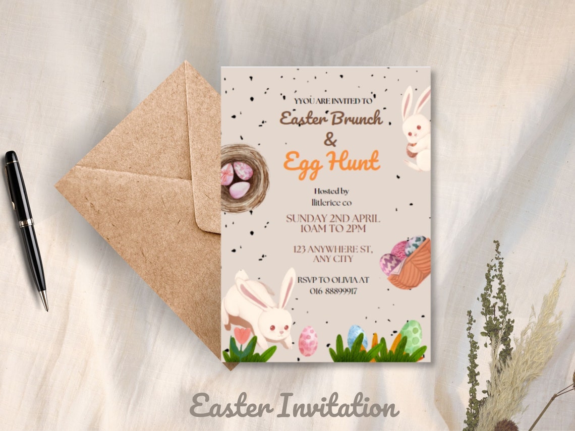 Cute Easter Brunch Invitation Printable Digital Cards Editable Template ...