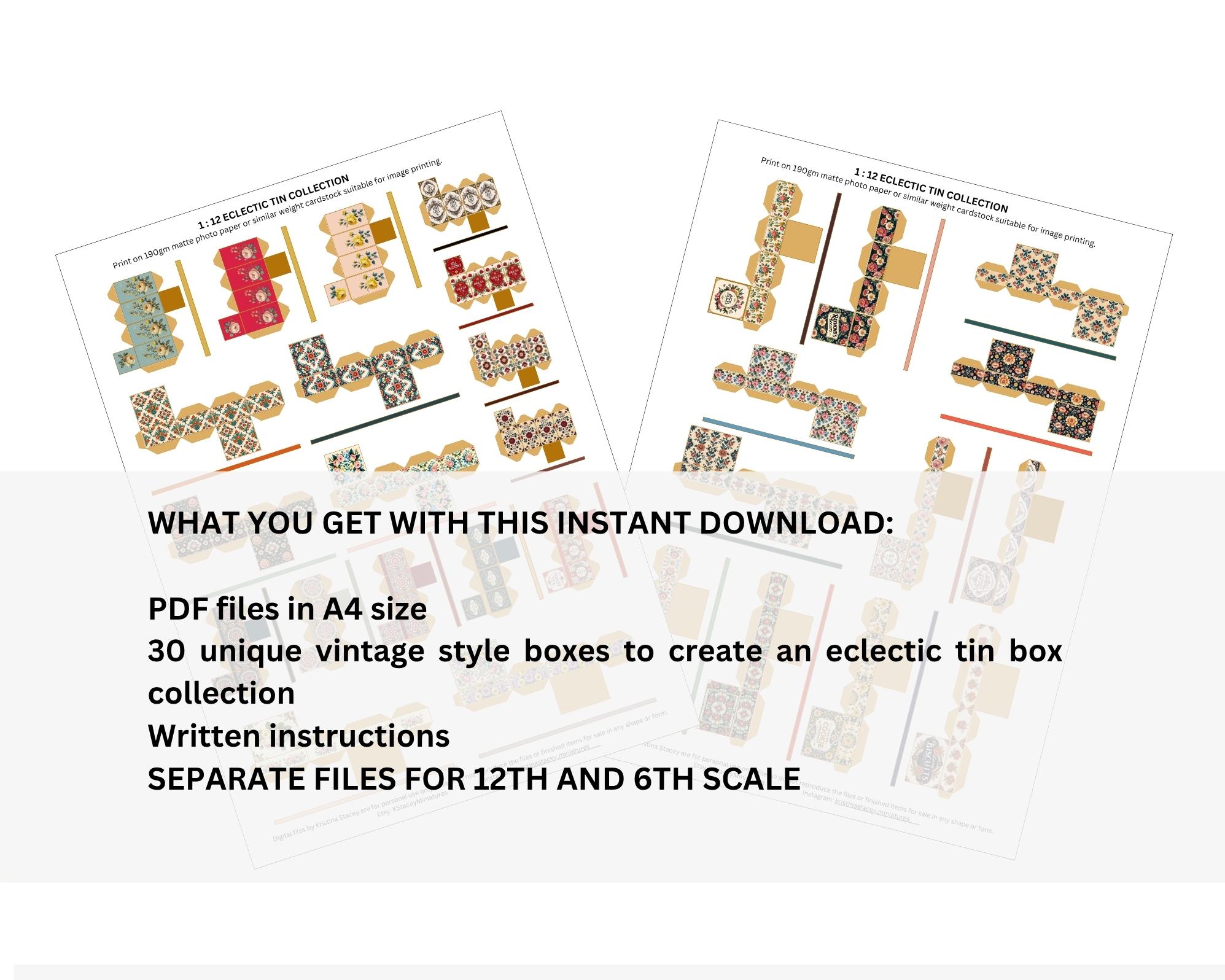 VINTAGE TIN BOXES– 30 Designs, Dollhouse Miniatures, 12th and 6th Scale ...