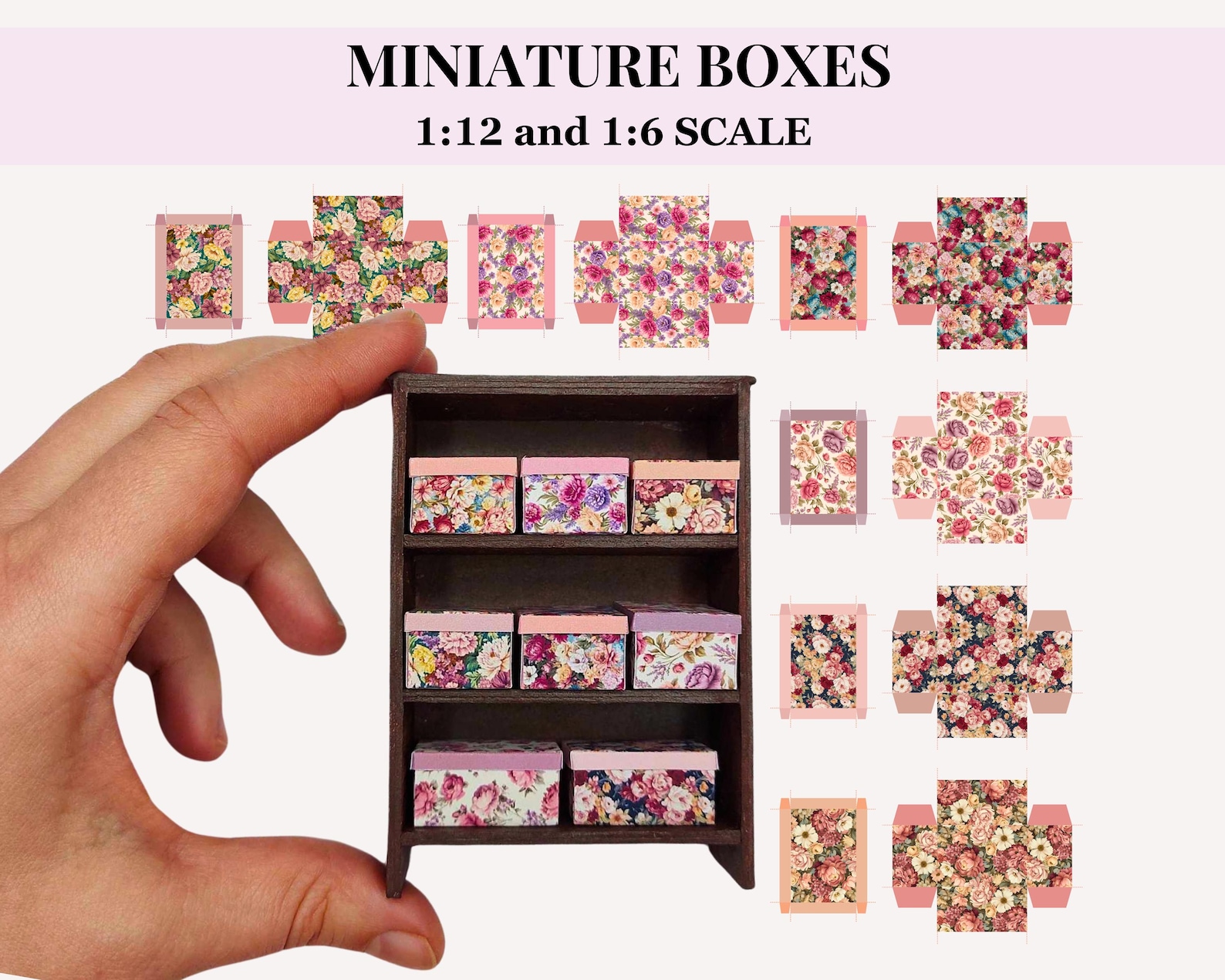 DOLLHOUSE STORAGE BOXES Pink Floral 12th and 6th Scale, Romantic ...
