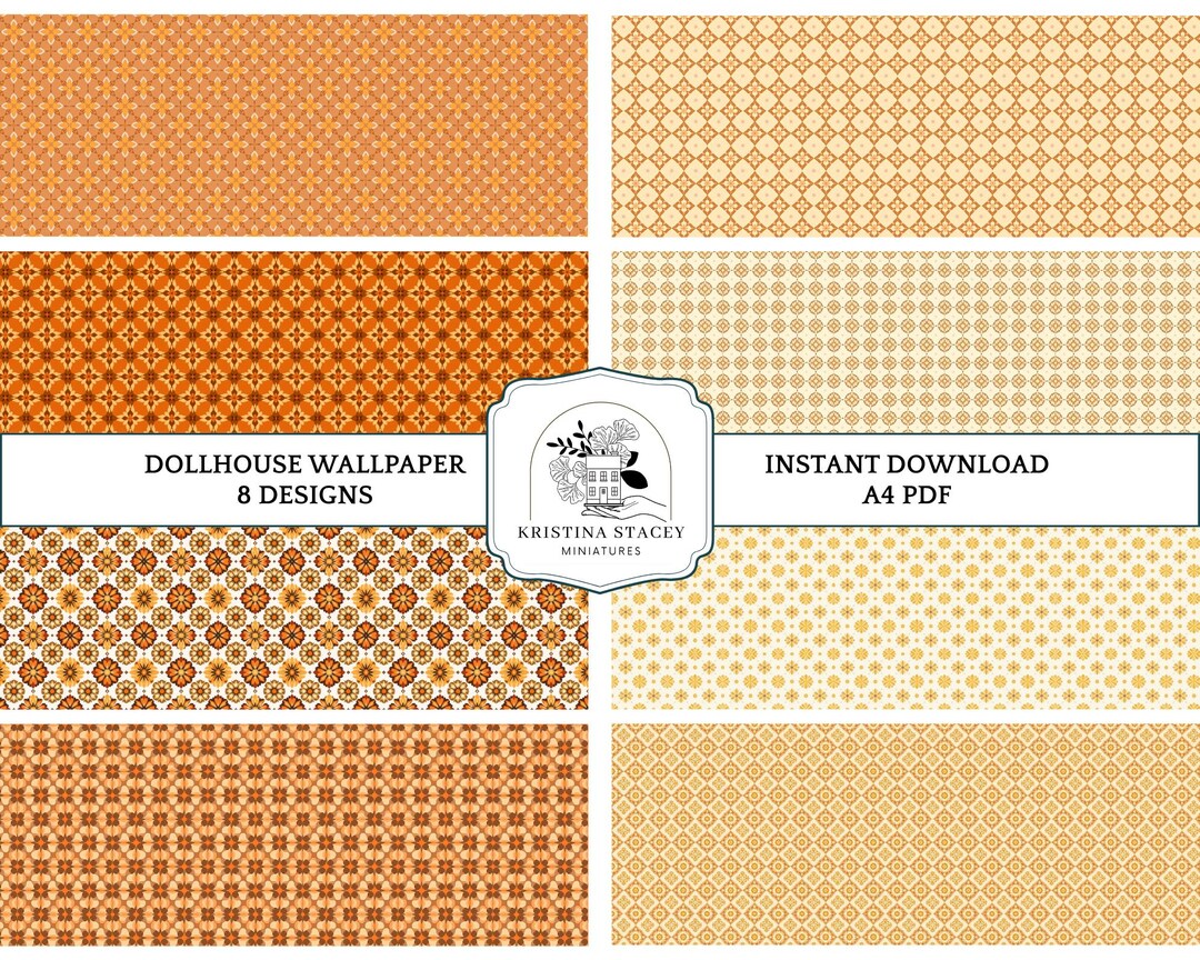 DOLLHOUSE MINIATURE WALLPAPER, Printable Room Decor, 8 Retro Designs in ...