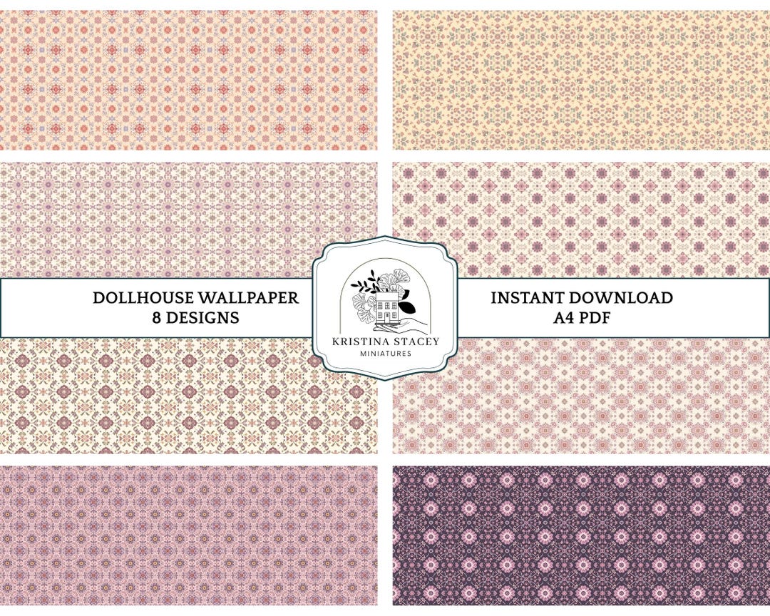 PRINTABLE DOLLHOUSE WALLPAPER, 8 Lilac and Pink Designs, 1:12 Scale, No ...