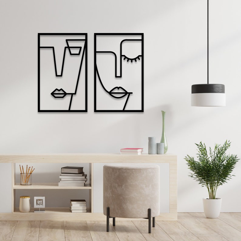 Cubic Faces Wall Decor Set of 2 Abstract Faces Line Art - Etsy