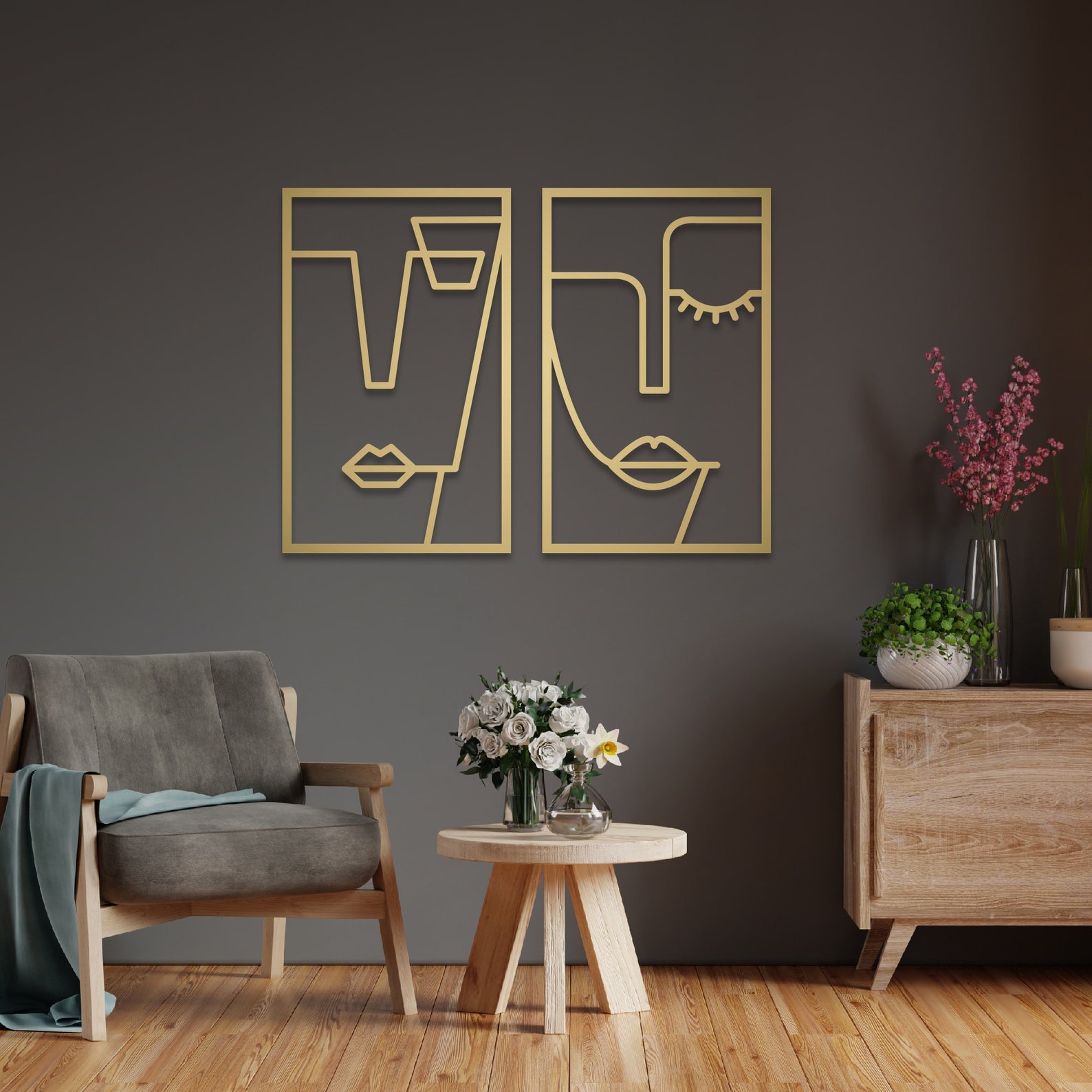 Cubic Faces Wall Decor Set of 2 Abstract Faces Line Art | Etsy