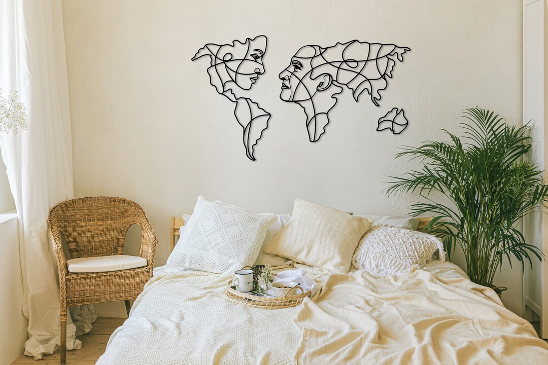 Metal World Map Wall Art, Faces Metal World Map Art, World Map Art ...