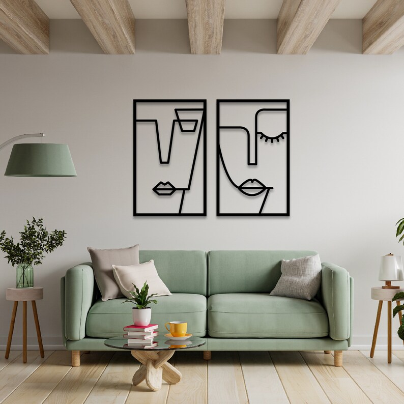 Cubic Faces Wall Decor Set of 2 Abstract Faces Line Art - Etsy
