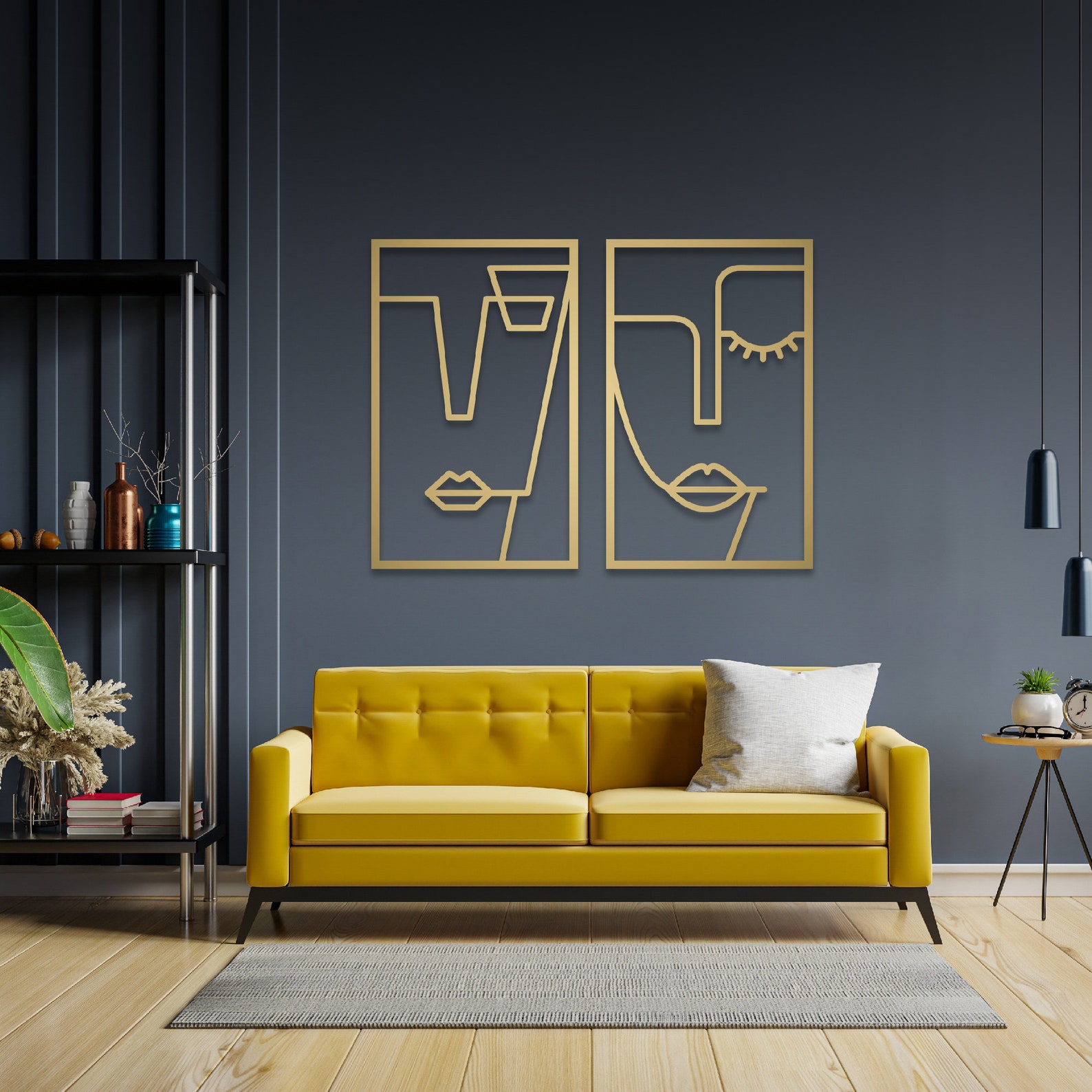 Cubic Faces Wall Decor Set of 2 Abstract Faces Line Art | Etsy