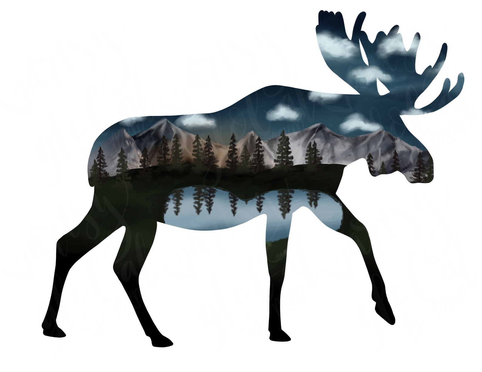 Moose Silhouette With Mountain Scene, Moose Clip Art, Lake and ...