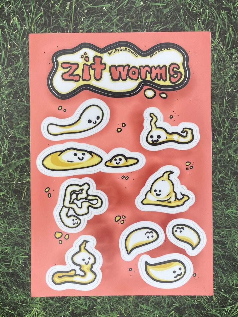 Zit Worms Sticker Sheet // Waterproof Sticker Funny Weird Acne Pimple ...
